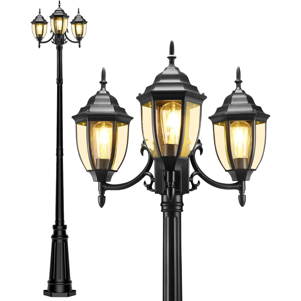 PLH02 Classic Black or White Aluminum 3-Head Post Light 92.5" Pole wit ...